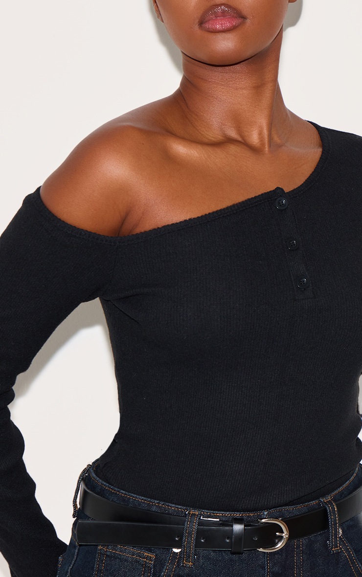 Black Rib Button Detail Asymmetric Long Sleeve Top | Tops | PLT