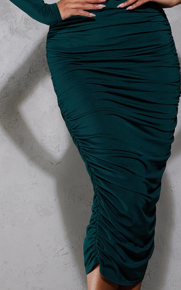 Emerald Green Slinky One Shoulder Midi Dress | Dresses | PLT