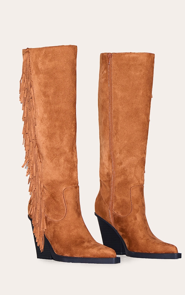 Tan Point Toe Fringed High Block Heel Knee Boots | Footwear | PLT
