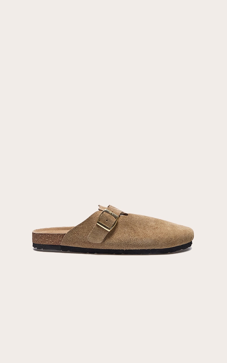 Taupe Real Leather Round Toe Buckle Slip Clog | Footwear ...