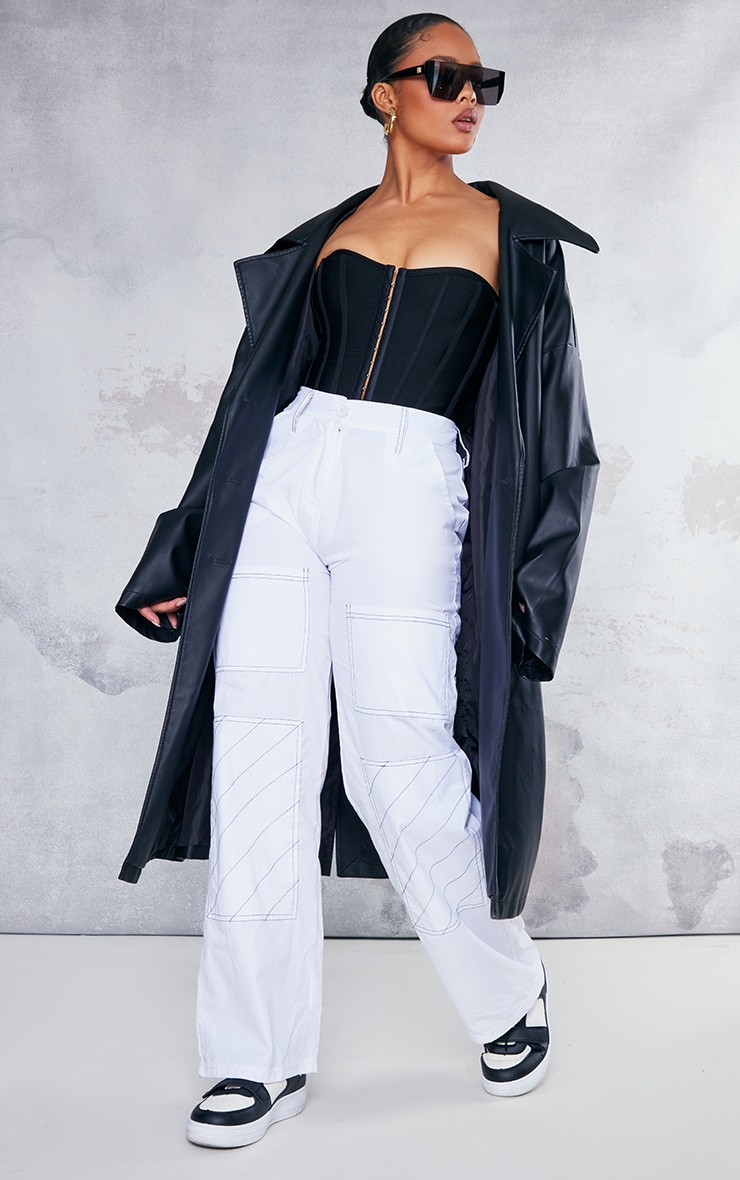 White Contrast Stitch Woven Wide Leg Trousers | PrettyLittleThing USA