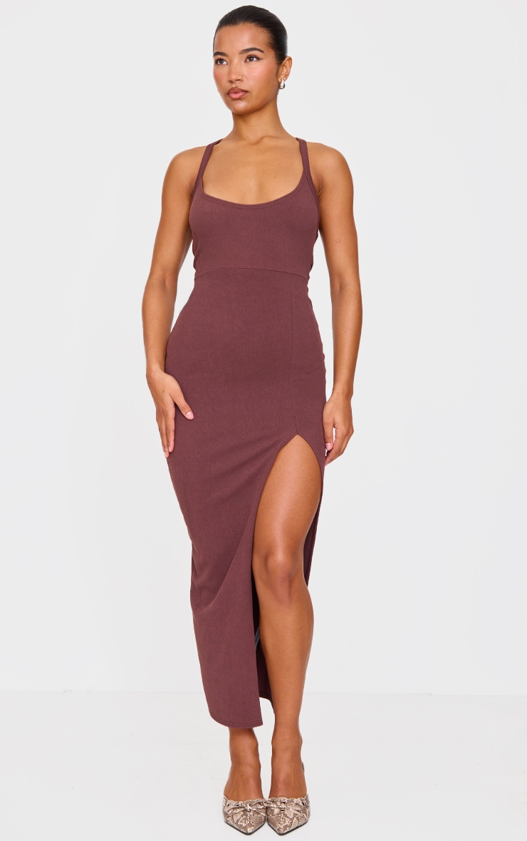 Chocolate Soft Rib Cut Out Tie Back Midaxi Dress | Dresses | PLT USA