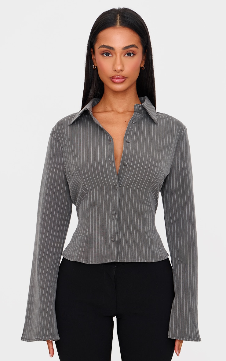Petite Grey Fitted Pinstripe Button Up Shirt | Petite ...