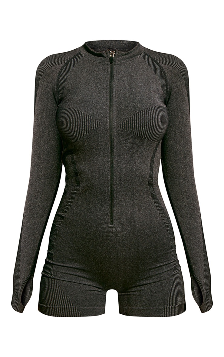 PLT Black Acid Wash Rib Metallic Badge Short Gym Unitard | Athleisure | PLT