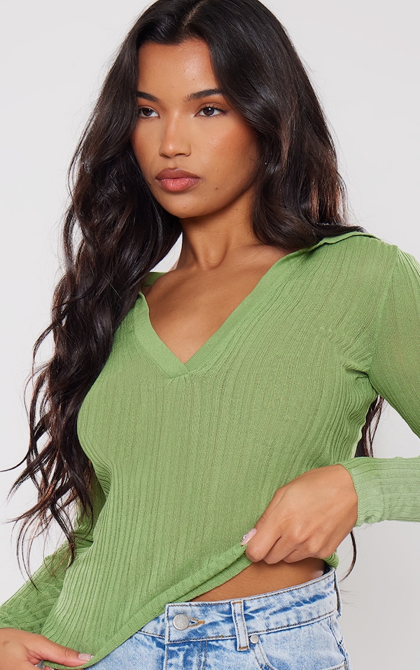 Pistachio Sheer Rib Knit V Neck Long Sleeve Top | Knitwear | PLT