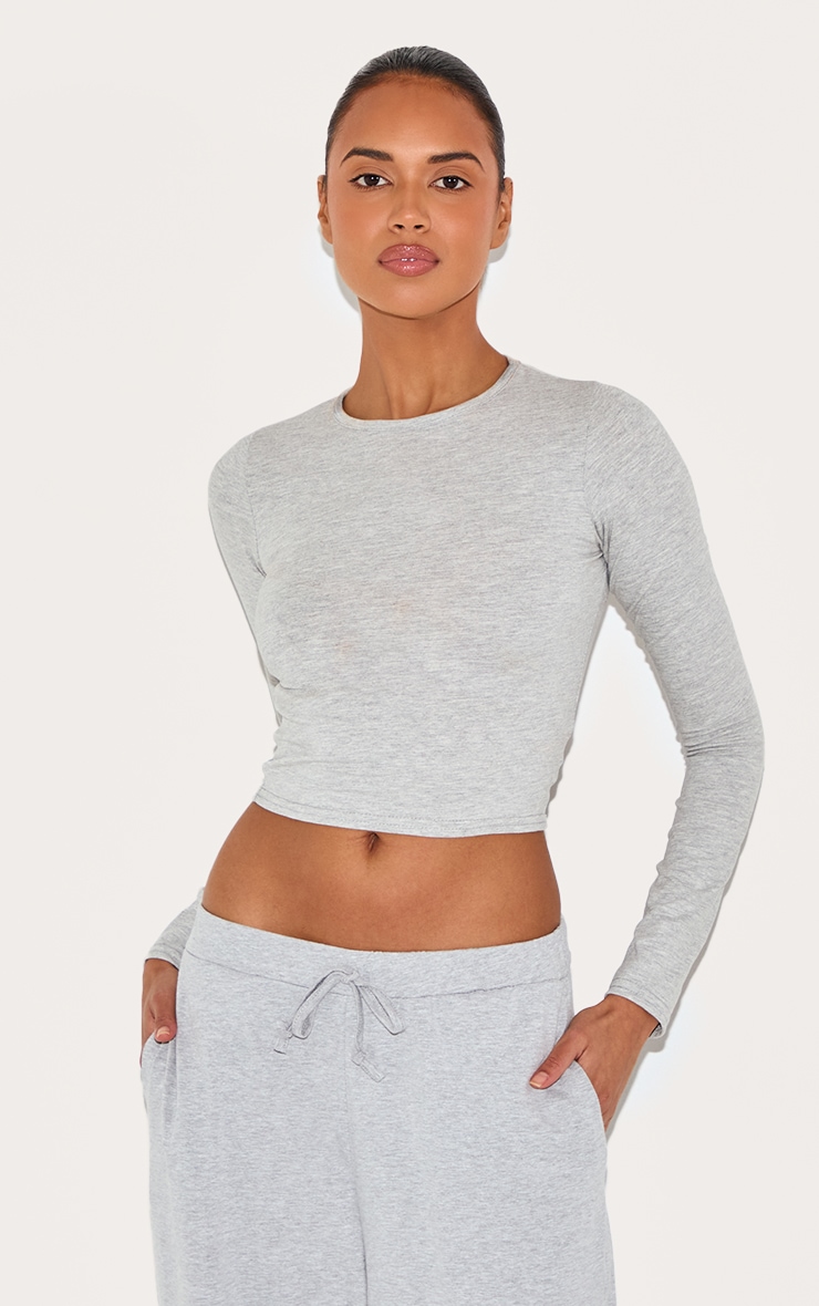 Ash Grey Cotton Jersey Long Sleeve Crew Neck Top | Co-ords ...
