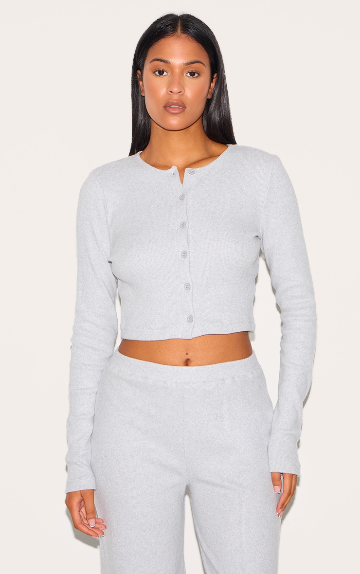 Tall Grey Marl Brushed Rib Button Front Cardigan | Tall | PrettyLittleThing