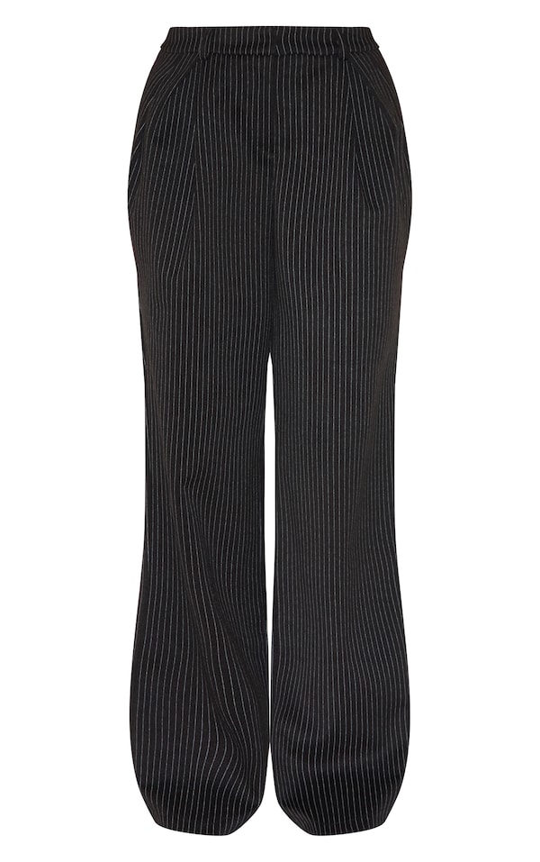 Black Pinstripe Tailored Wool Feel Mid Rise Pants | Bottoms | PLT USA