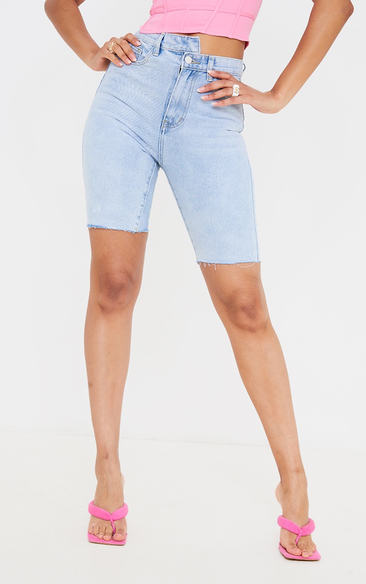 Light Blue Wash Asymmetric Waist Longline Denim Shorts | Denim | PLT