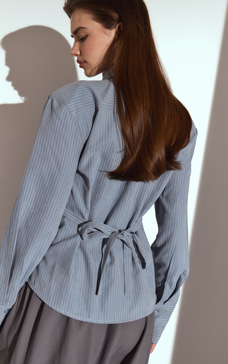 Blue Striped Peachskin Fitted Shoulder Padded Shirt | Tops ...