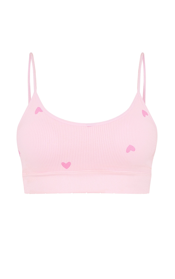 Pink Heart Print Ribbed Scoop Neck Bralette | PrettyLittleThing AUS