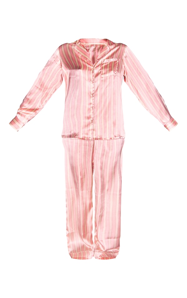 Light Pink Stripe Print Satin Long PJ Set | PrettyLittleThing CA