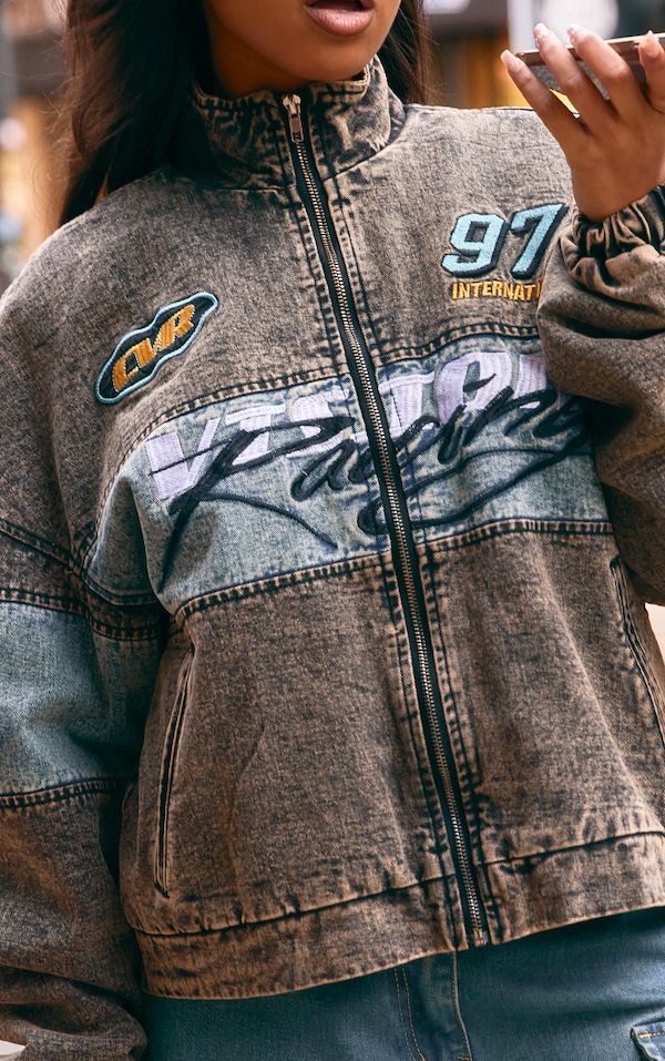 Washed Grey Cropped Zip Up Denim Racing Jacket | PrettyLittleThing IRE