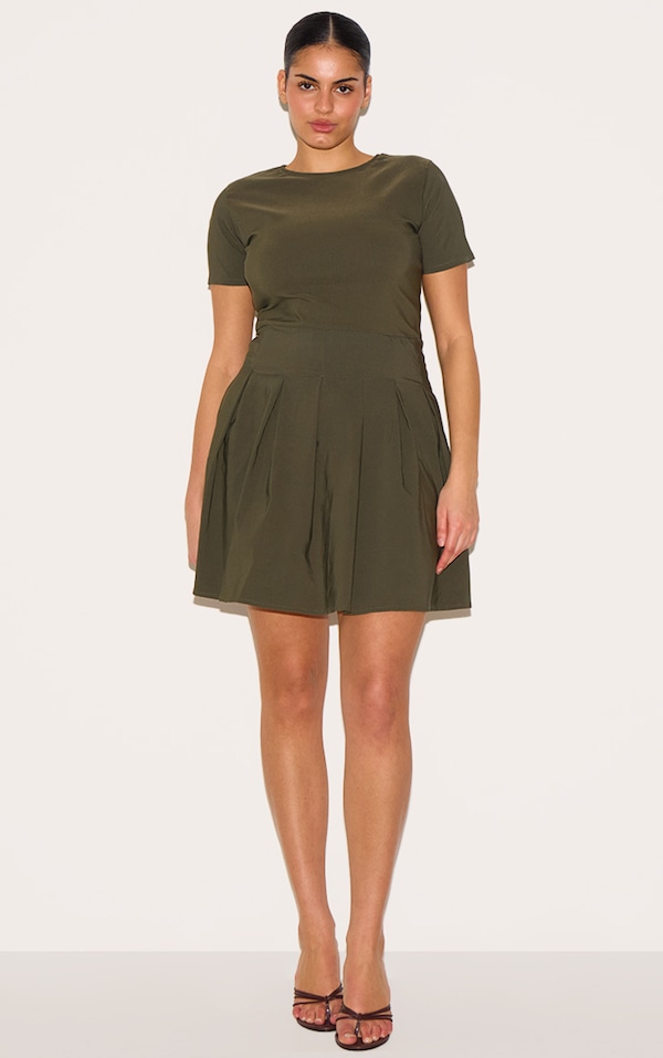 Plus Khaki Pleat Hem Detail Tailored Mini Dress | Plus Size | PLT