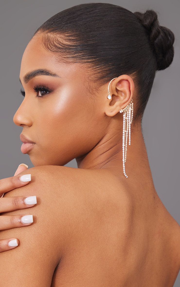 Gold Structured Diamante And Ball Ear Cuffs | Accessories | PrettyLittleThing