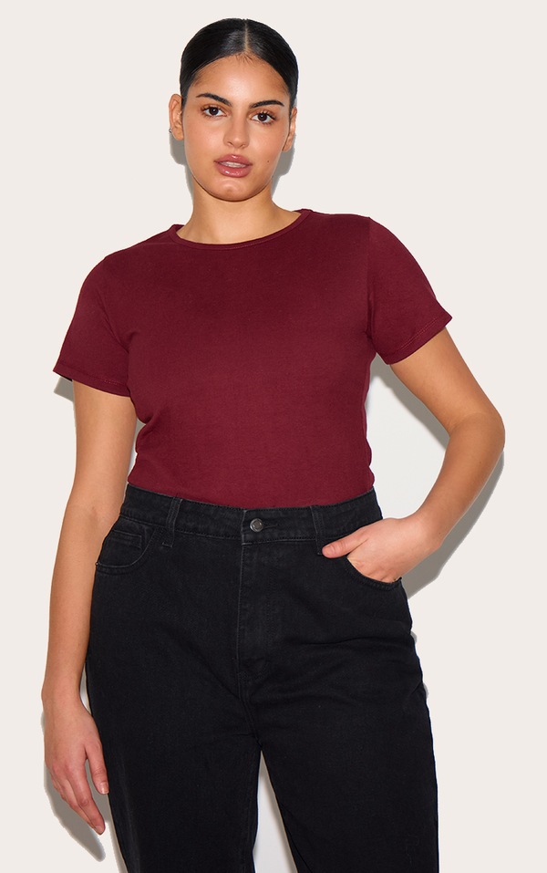 Plus Burgundy Cotton Cap Sleeve Fitted Bodysuit | Plus Size ...