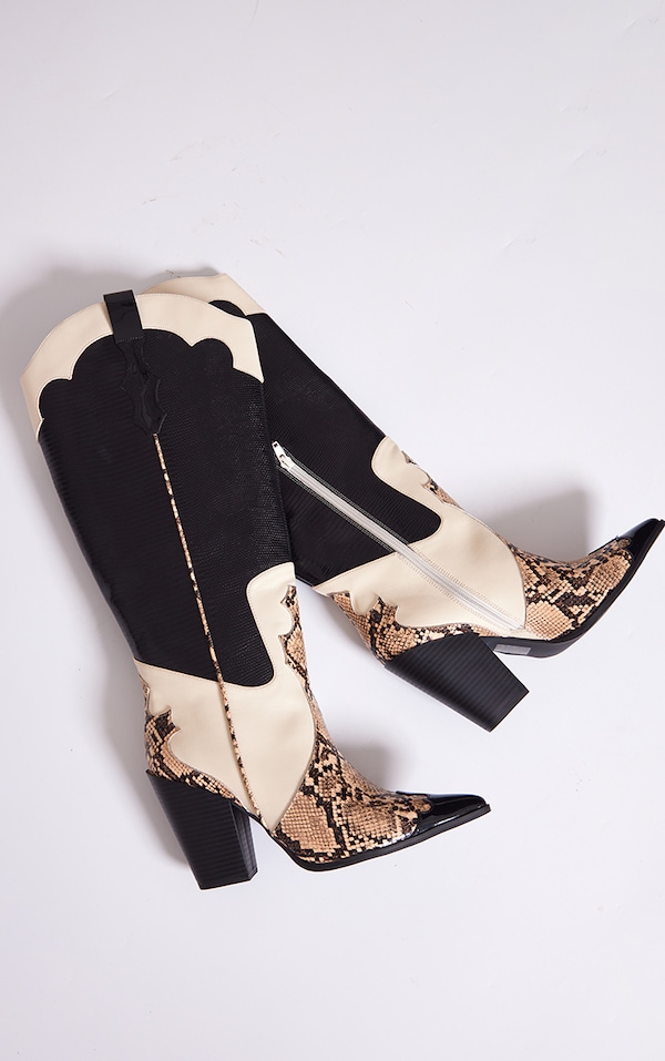 Black Wide Fit Textured Snake Western Knee Boots | Footwear ...