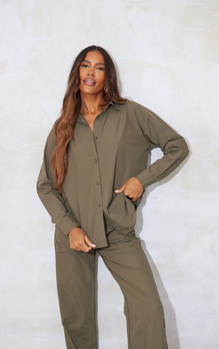 Chemise En Coton Kaki À Épaules Carrées À Manches Longues | Ensembles | PLT FR