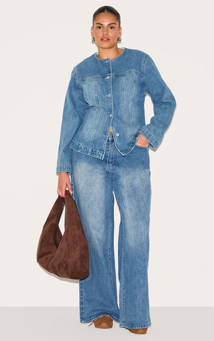 Plus Mid Blue Wash Mid Blue Wash Cinched Round Neck Denim Jacket | Plus ...