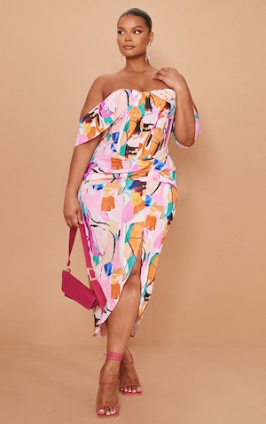 Plus Multi Renaissance Print Ruched Bodycon Dress | PrettyLittleThing