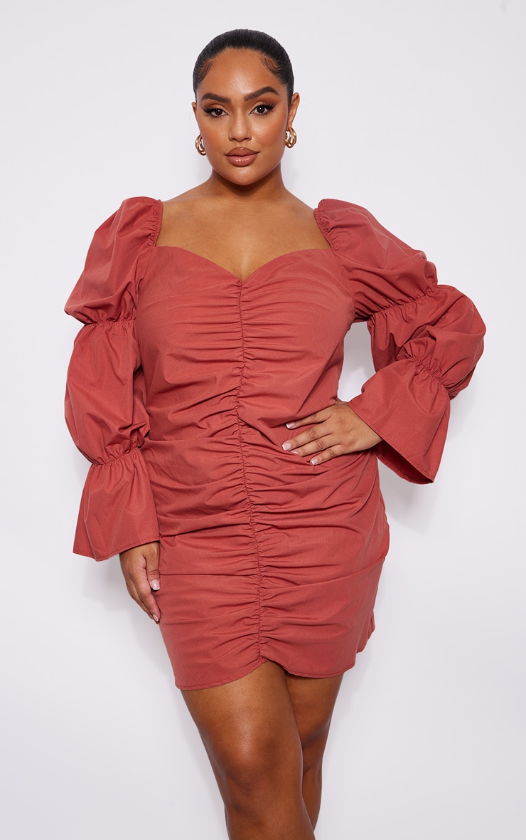 Plus Rust Puff Sleeve Ruched Front Bodycon Dress | Plus Size ...