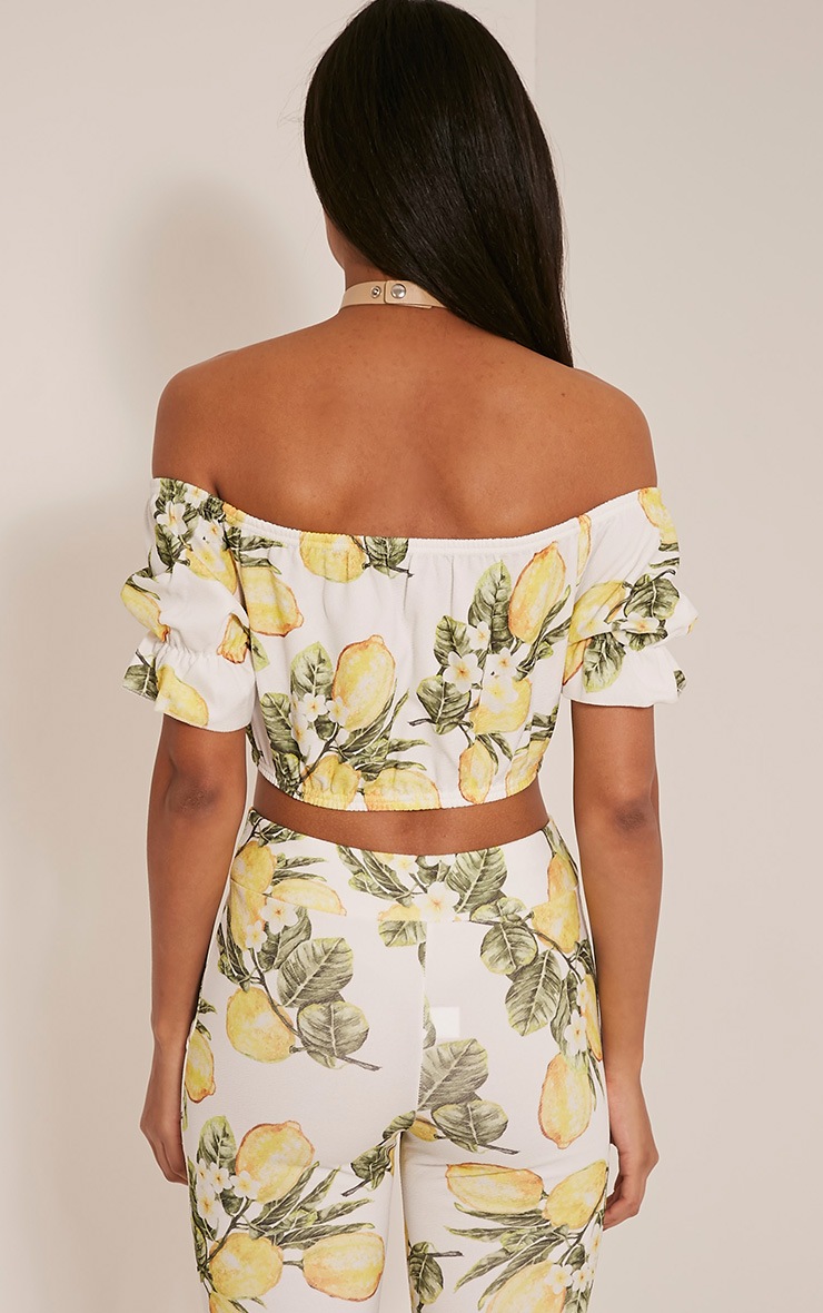 Farren White Lemon Print Bardot Crop Top | PrettyLittleThing