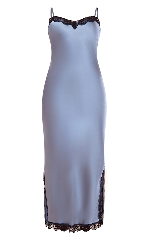 Blue Lace Trim Split Satin Midaxi Slip Dress | Dresses | PLT