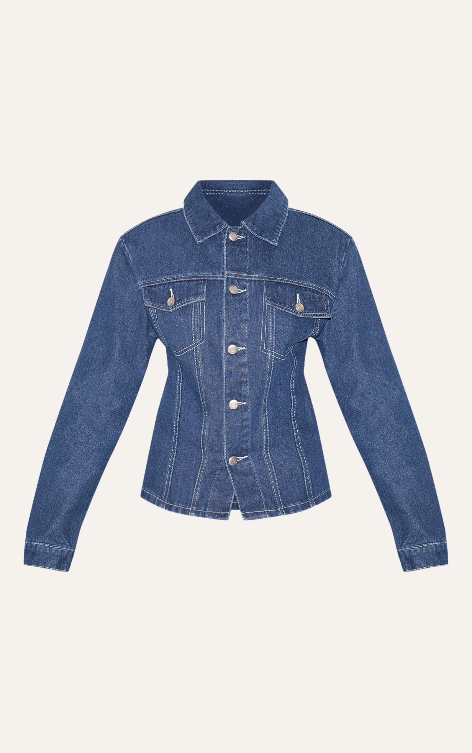Dark Blue Shoulder Pad Cinch Waist Denim Trucker Jacket | Denim | PLT