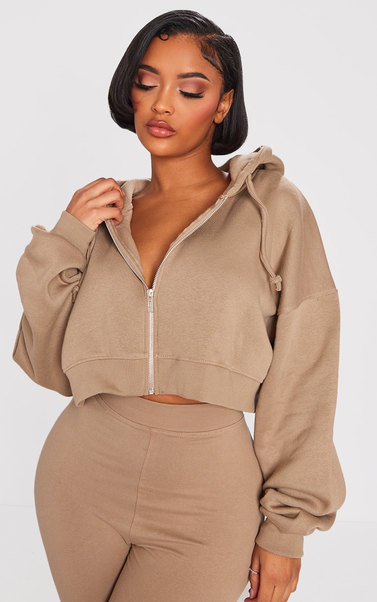 Shape Mocha Zip Front Long Sleeve Cropped Hoodie Shape Prettylittlething Usa