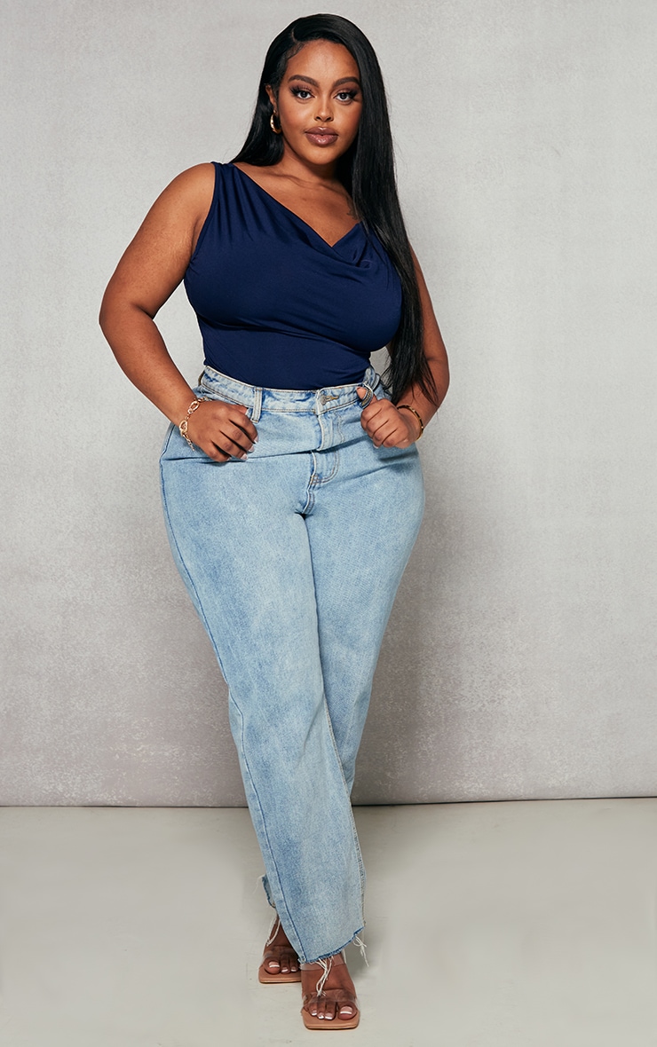 Plus Navy Cowl Front Drape Top | Plus Size | PrettyLittleThing CA
