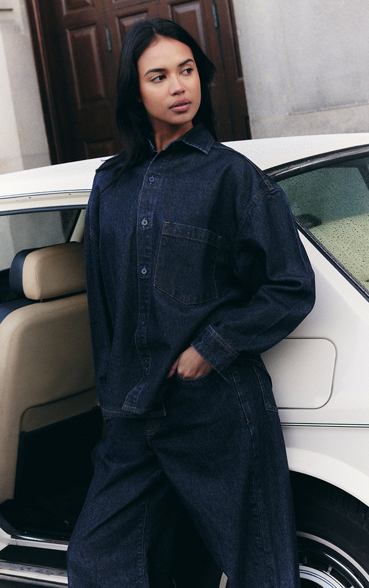 Dark Indigo Dip Hem Button Up Denim Shirt | Denim | PrettyLittleThing USA