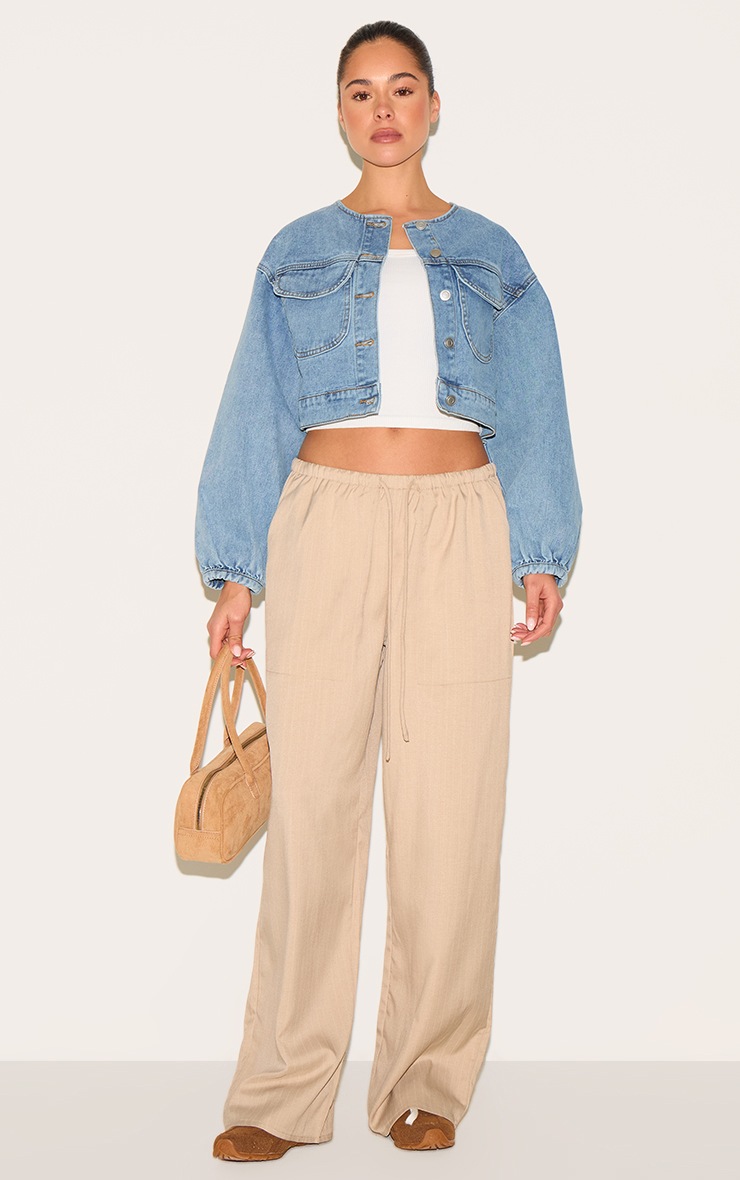 Mid Blue Wash Round Neck Crop Denim Jacket | Denim | PLT