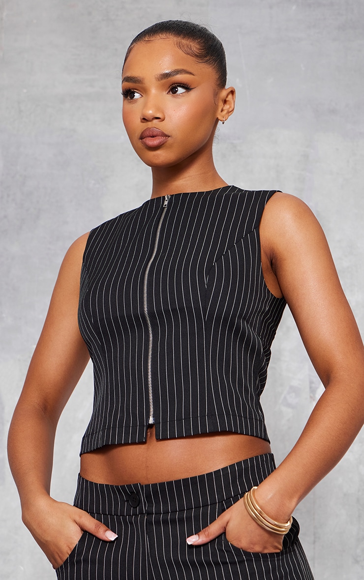 Black Premium Woven Zip Up Detail Sleeveless Top | PrettyLittleThing