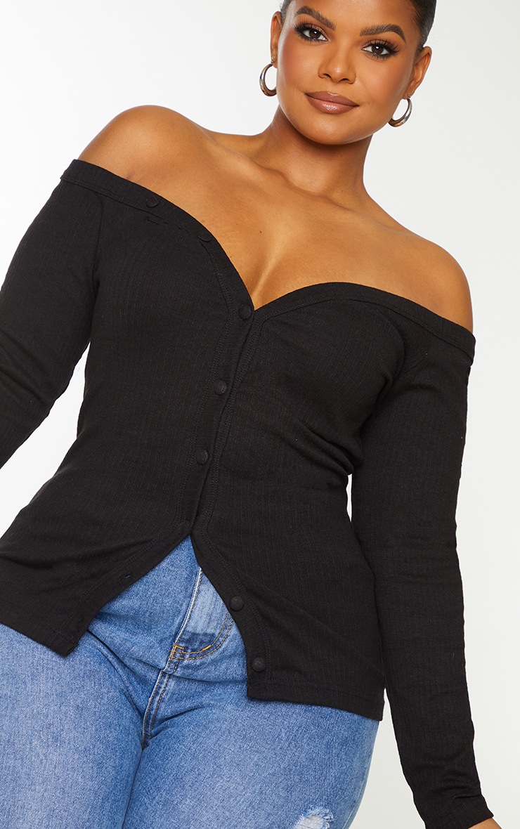 Plus Black Off Shoulder Button Through Top | Plus Size ...