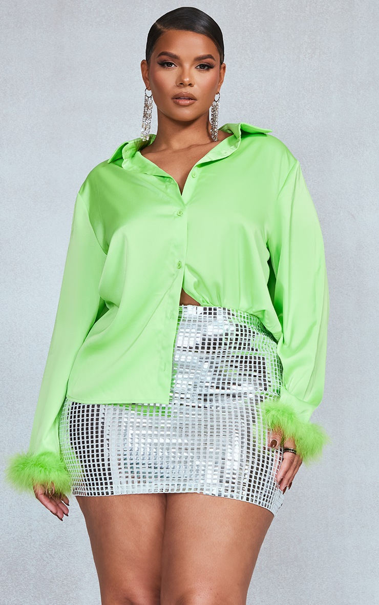 Plus Lime Satin Faux Feather Detail Shirt | Plus Size ...
