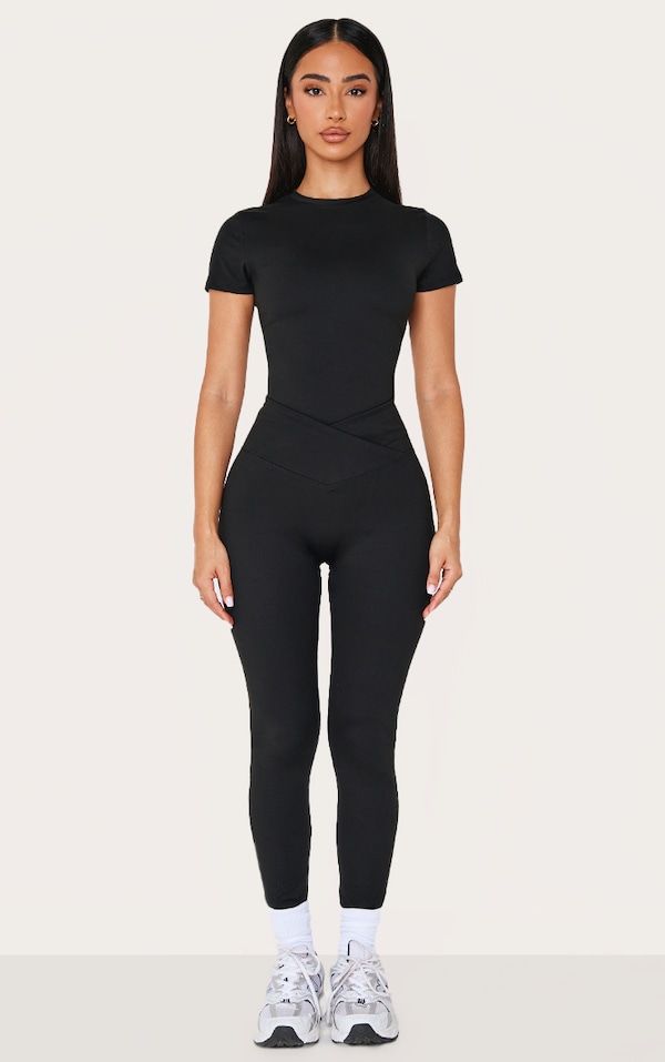 Petite Black Sculpt Longline Short Sleeve Gym Top | Petite | PLT USA