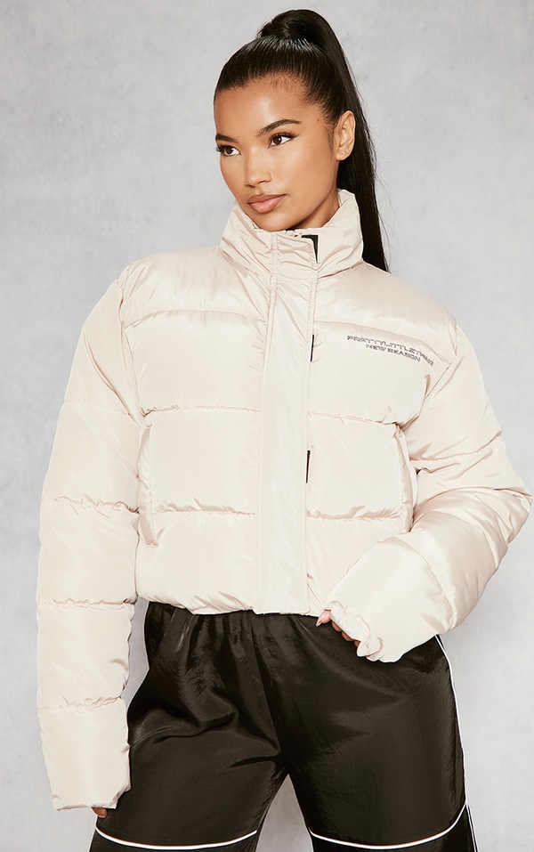 PRETTYLITTLETHING Stone Slogan Cropped Puffer Coat | Outerwear | PLT