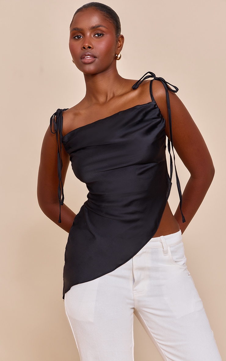 Black Satin Sheer Asymmetric Cami | Tops | PrettyLittleThing CA