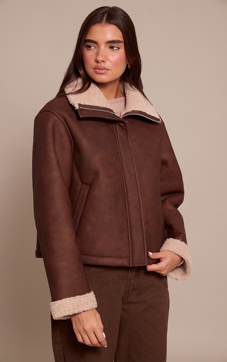 Tan Borg Lining Funnel Neck Aviator | Outerwear | PLT UAE