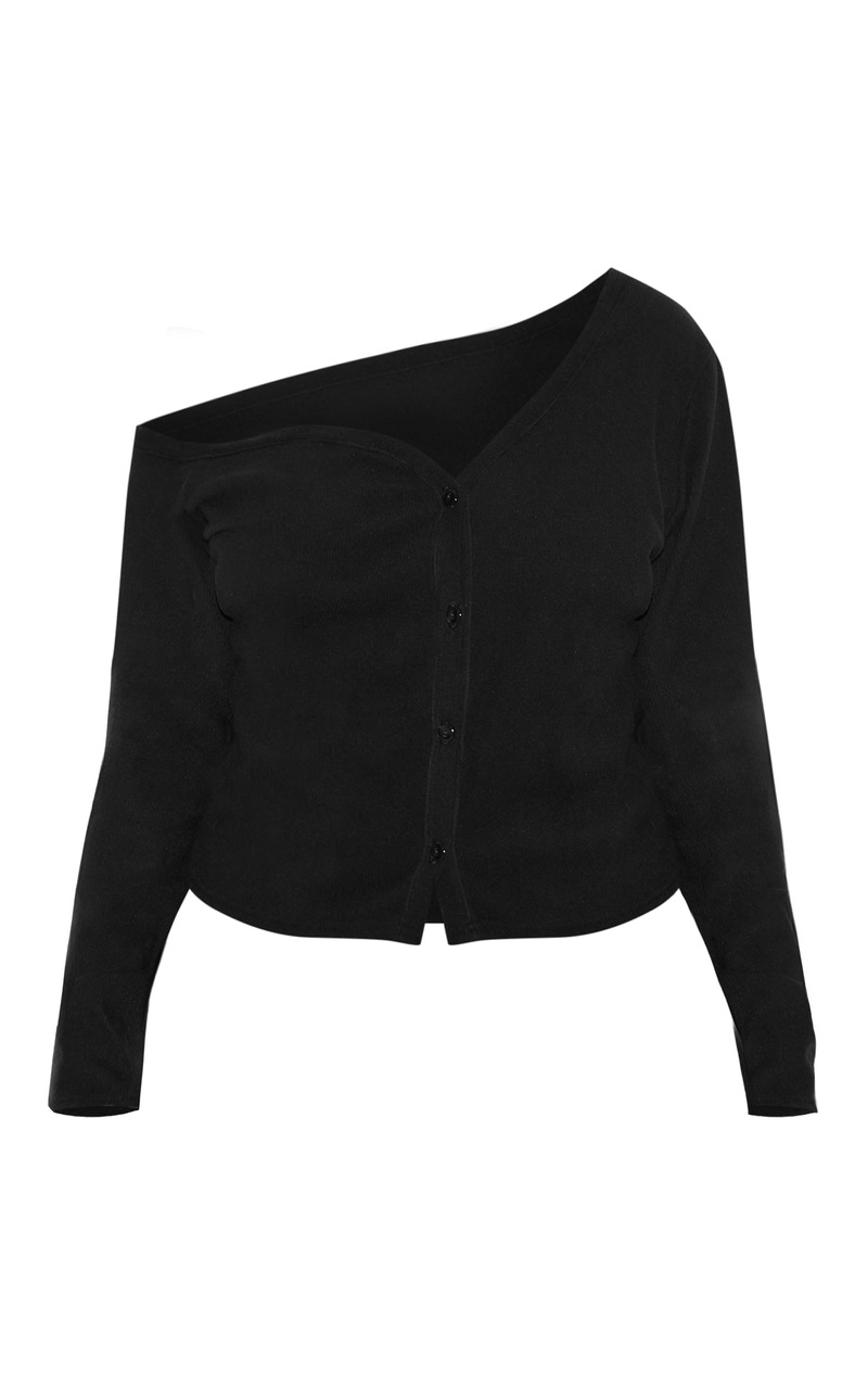 Plus Black Soft Rib Asymmetric Long Sleeve Top | Plus Size | PLT