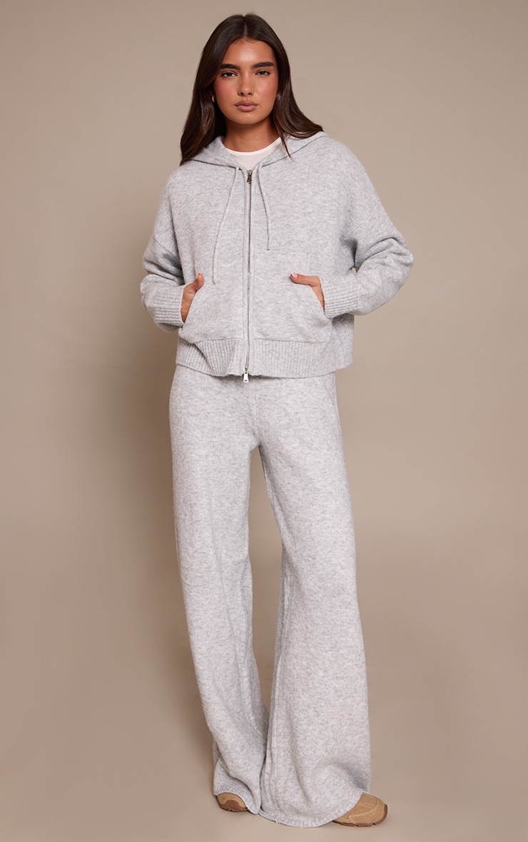 Grey Zip Through Knitted Hoodie | Knitwear | PLT