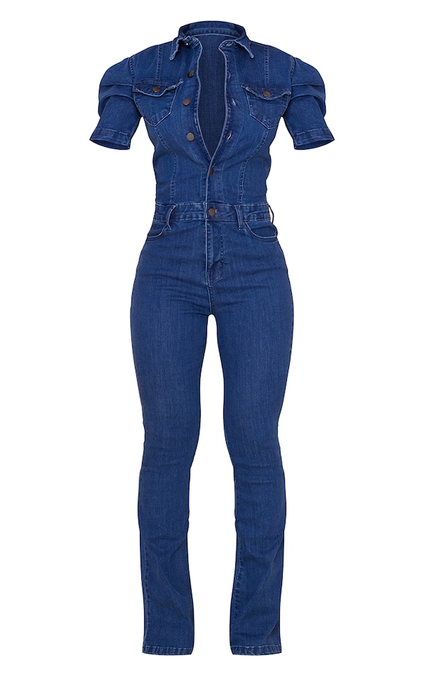 Dark Blue Wash Bodycon Flare Denim Jumpsuit | Denim | PrettyLittleThing