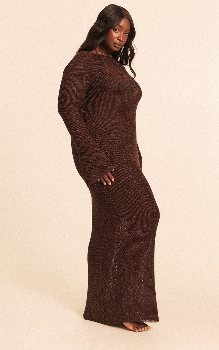 Plus Chocolate Lurex Crochet Backless Beach Dress | Plus Size | PLT USA