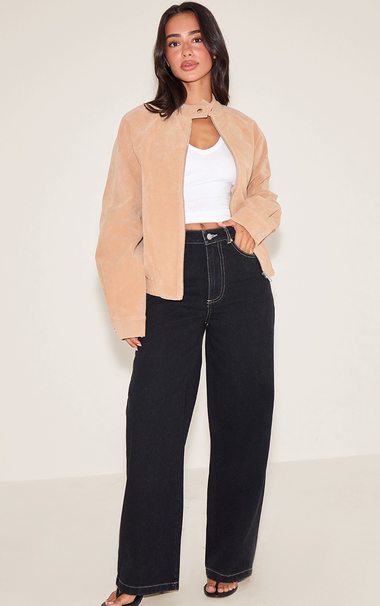 Petite Deep Tan Faux Suede Racer Neck Jacket | Petite ...