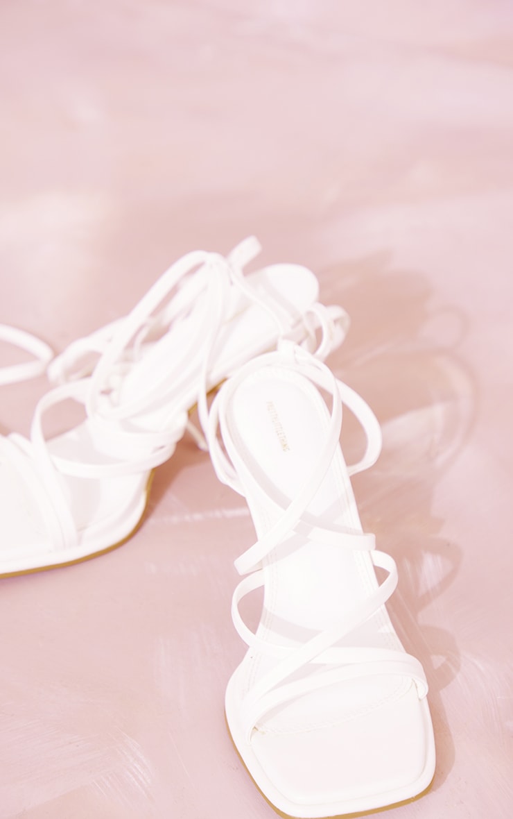 White Pu Square Toe Curved Heel Strappy Sandals | PrettyLittleThing