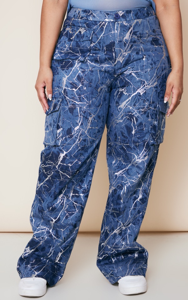 Plus Blue Metallic Printed Denim Jeans | Plus Size | PLT