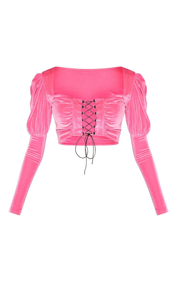 Neon Pink Velvet Hook And Eye Crop Top | Tops | PrettyLittleThing