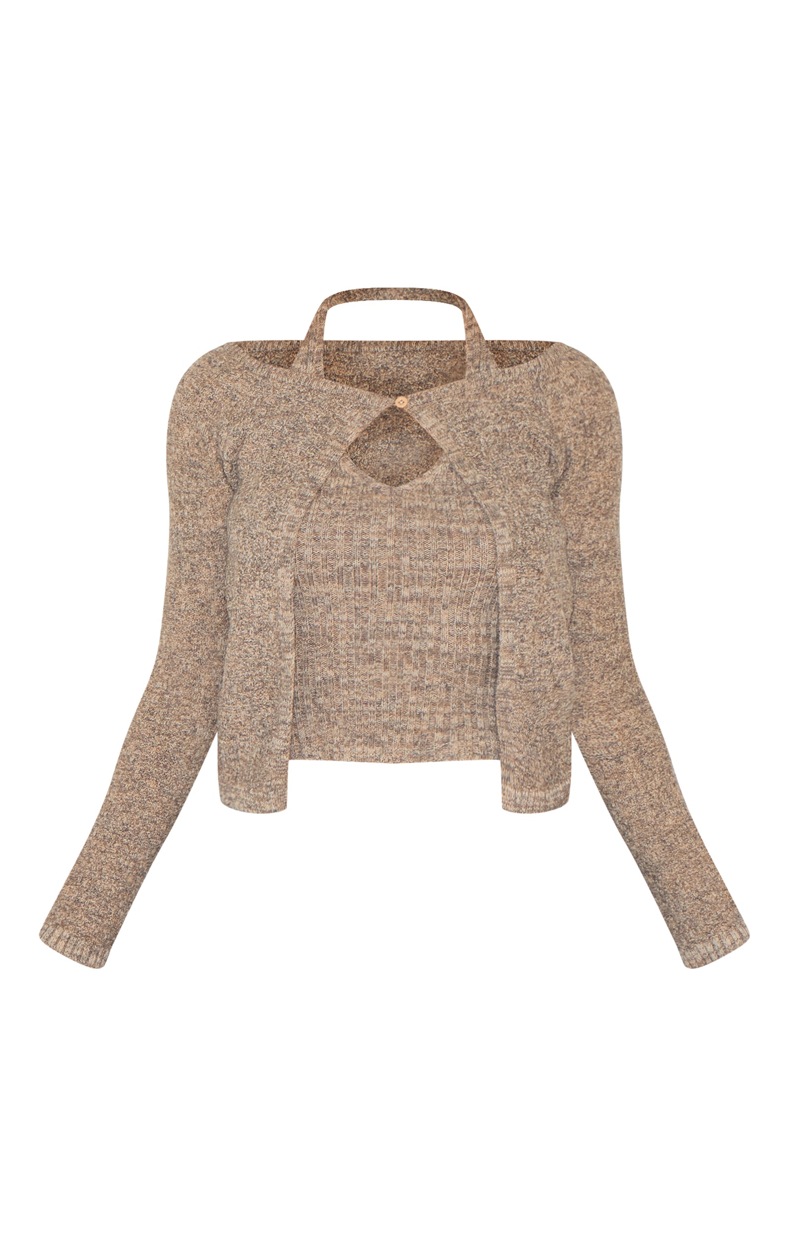 Oatmeal Layered Cold Shoulder Basic Knit Top | Knitwear | PLT USA