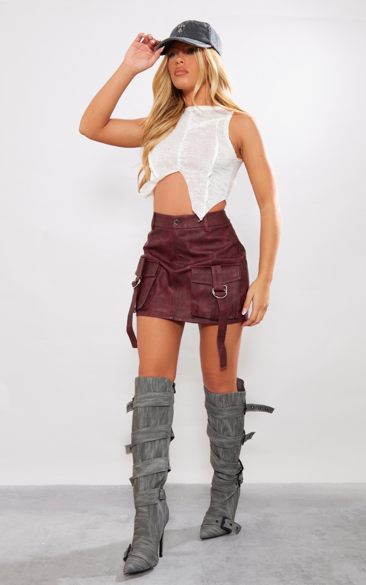 Burgundy Washed PU Pocket Cargo Mini Skirt | Bottoms | PLT USA