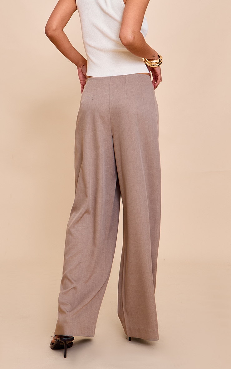 Taupe Tailored Drape Detail Dip Waist Trousers | Bottoms | PLT